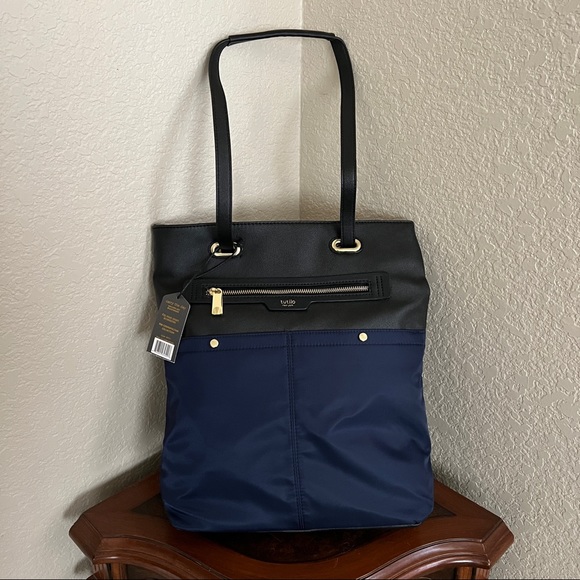 Tutilo | Bags | Tutilo Navy Nylon And Black Vegan Leather Tote Backpack ...